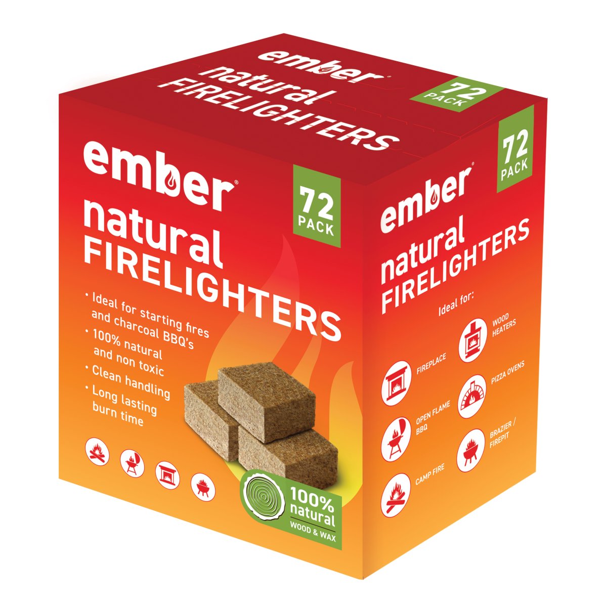 Ember Fire and BBQ essentials for everybody, everyday : NATURAL FIRELIGHTERS 72PK